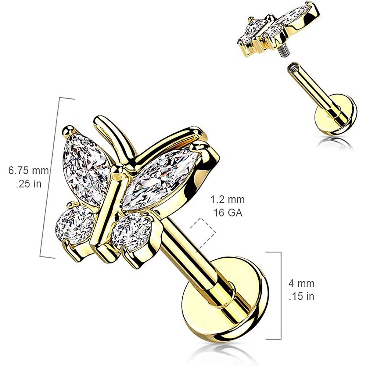 CZ Butterfly Top on Internally Threaded 316L Surgical Steel Flat Back Stud for Labret, Monroe, Cartilage and More (16GA, L: 5/16" (8mm),Gold)