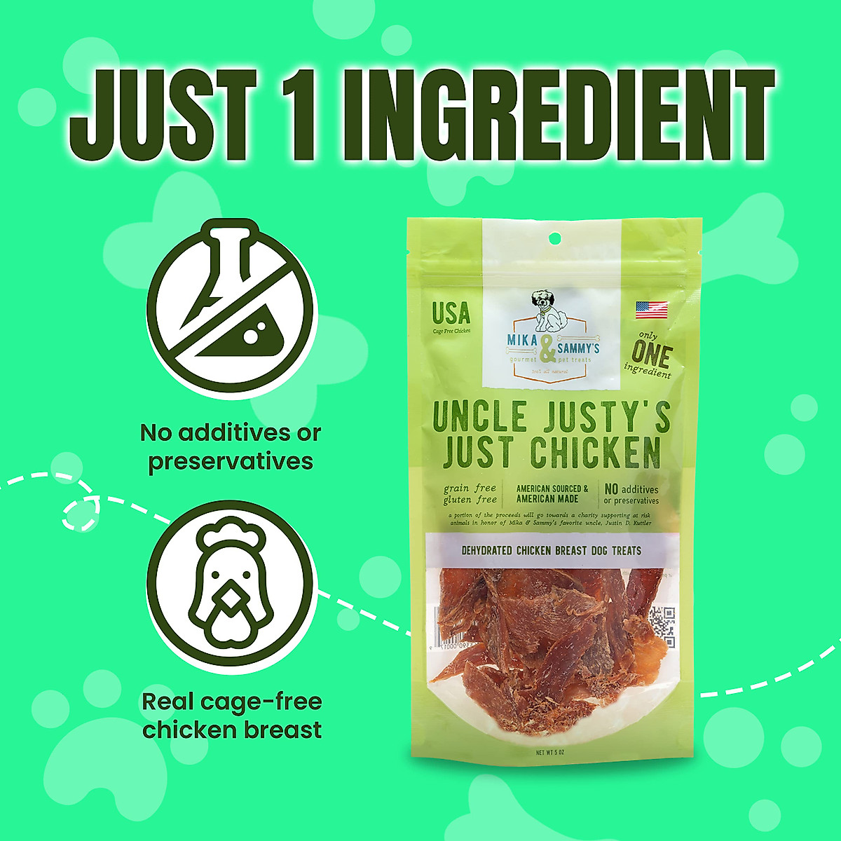 Gourmet Jerky Dog Treats - Natural Dog Treat Chicken Jerky for Dogs, Nutritious and Tasty Dog Jerky Treats Made in USA only, Cage-Free Chicken, No Additives(Mika & Sammy's Unlcle Justy's 5 oz)