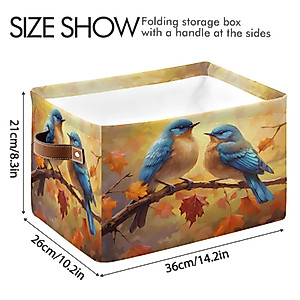 Large Storage Basket Blue Birds Autumn Storage Bin Cube Canvas Fabric Organizer Handles Collapsible for Clothes Toys Bedroom Decorative