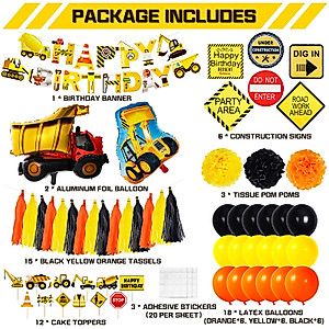 Garma Birthday Party Decorations for Kids, Construction Birthday Party Supplies with Excavator Foil Balloons,Construction Signs,Cupcake Toppers, Banners for Construction Birthday Party Decorations Kit