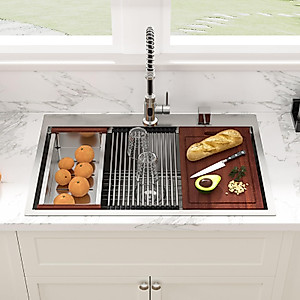 Sarlai Drop In Kitchen Sink - 33x22 Drop In Kitchen Sink Ledge Workstation 16 Gauge Stainless Steel Topmount Deep Single Bowl Over Counter Kitchen Sinks Basin Round Corners