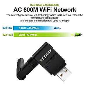 EDUP USB WiFi Adapter Dual Band Wireless Network Adapter 802.11 AC 2.4G/5G USB Wi-Fi Dongle with Extender Antenna Compatible with Windows XP / Vista /7 /8.1 /10, Mac OS X 10.7-10.15