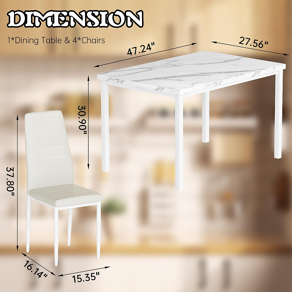 DKLGG Dining Table Set for 4, 5 Piece Kitchen Table Set with PU Leather Chairs Space-Saving Faux Marble Dining Room Table Set for 4 for Small Home Kitchen, Apartment