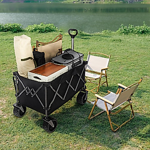 Famiry Collapsible Folding Wagon Cart Heavy Duty Foldable, Beach Wagon with Big All-Terrain Wheels for Sand, Outdoor Wagon Heavy Duty Folding for Camping Garden Sports, Black