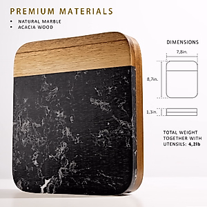 Cheezcare Marble Cheese Board - Acacia Wood Tray with 3-Knife Set - Marble Charcuterie Board for 2-6 People - Great Gift for Weddings, Anniversary & Housewarming Parties - Black Marble Board