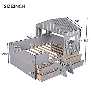 Full Size Wood House Bed Low Loft Bed with 4 Drawers, Playhouse Design Montessori Bed Tent Bed Platform Bed Frames with Safety Fence for Kids Teens Girls & Boys, Strong Sturdy Slats Support (Gray-K)