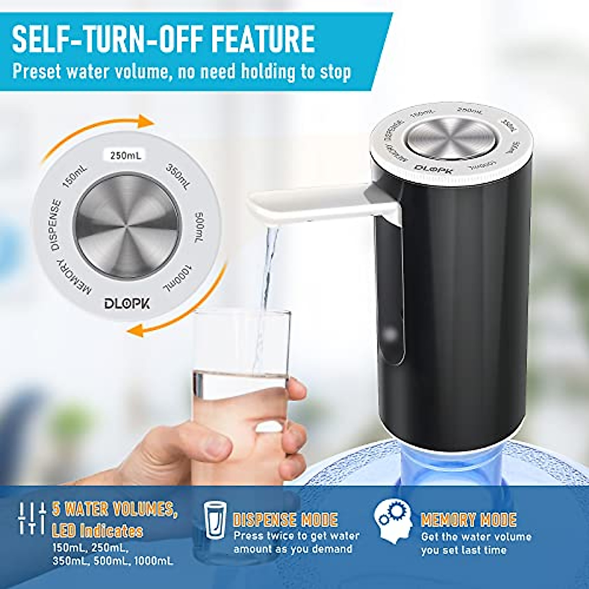 Water Bottle Pump, 2000mAh Battery USB Water jug Pump for 5 Gallon Water Pump,Portable Automatic Water Dispenser Pump for Home Office RV Camp (Foldable) Black