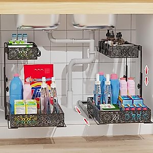Adjustable Height Under Sink Organizers and Storage, Iirios 2 Pack Metal Slide Out Cabinet Organizer, Under Sink Shelf Cabinet Organizer with Hooks, Multi-Use for for Bathroom Kitchen Organization