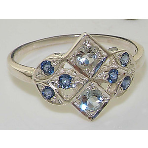 LetsBuyGold 925 Sterling Silver Natural Aquamarine and Sapphire Womens Cluster Ring - Sizes 4 to 12 Available