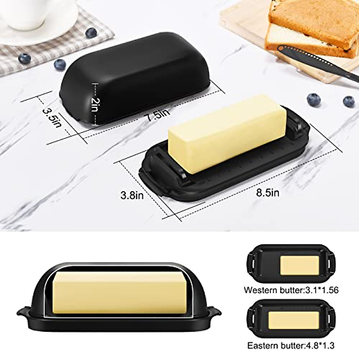 Butter Dish with Lid, Butter Container Holds for Countertop, Unbreakable Butter Keeper for Home Kitchen Decor, Perfect for East/West Coast Butter, BPA-free, Microwave/Dishwasher Safe (Black)