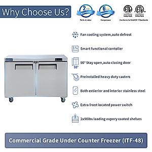 ICECASA 48" W Commercial Freezer Worktop Undercounter Freezer Single Door Stainless Steel Counter Fan Cooling Freezer 13 Cu.ft for Restaurant, Bar, Shop, etc