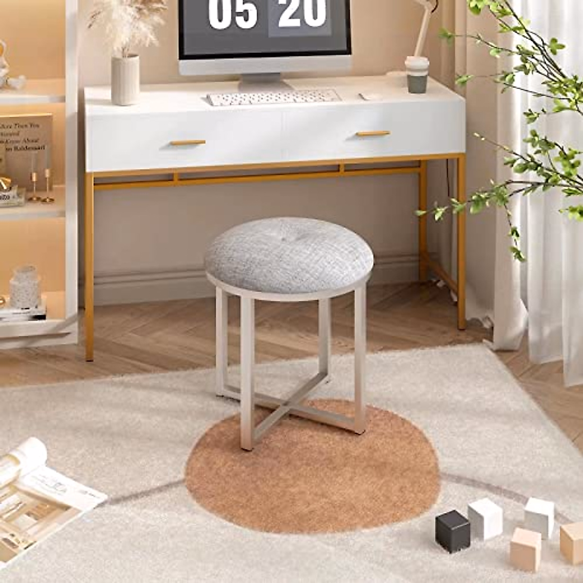 Vanity Stool Vanity Bench Round - Make Up Chair Grey Silver Vanity Stool for Makeup Room White Chair Makeup Stool Chair for Vanity White Metal Vanity Chair Bench Seat NO pre-drilled Holes