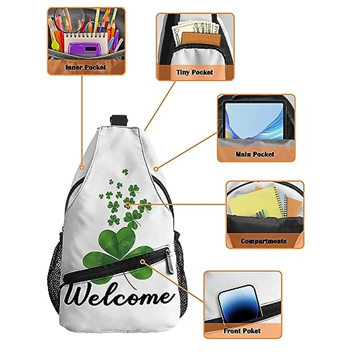 Sling Backpack, St. Patrick's Day Green Clover Waterproof Lightweight Small Sling Bag, Travel Chest Bag Crossbody Shoulder Bag Hiking Daypack for Women Men