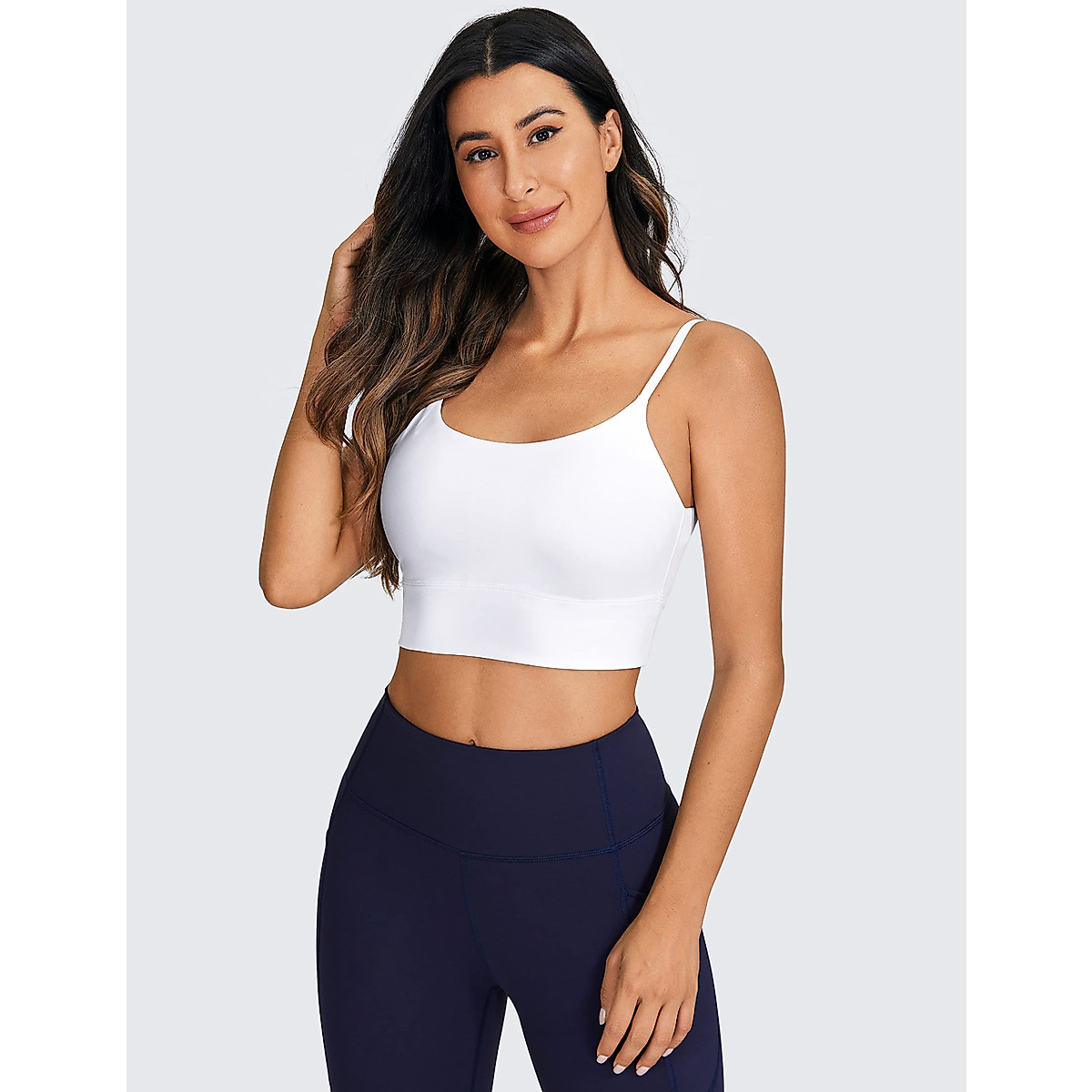 CRZ YOGA Adjustable Longline Sports Bra for Women - V Back Wireless Workout Padded Yoga Bra Cropped Tank Tops White Medium