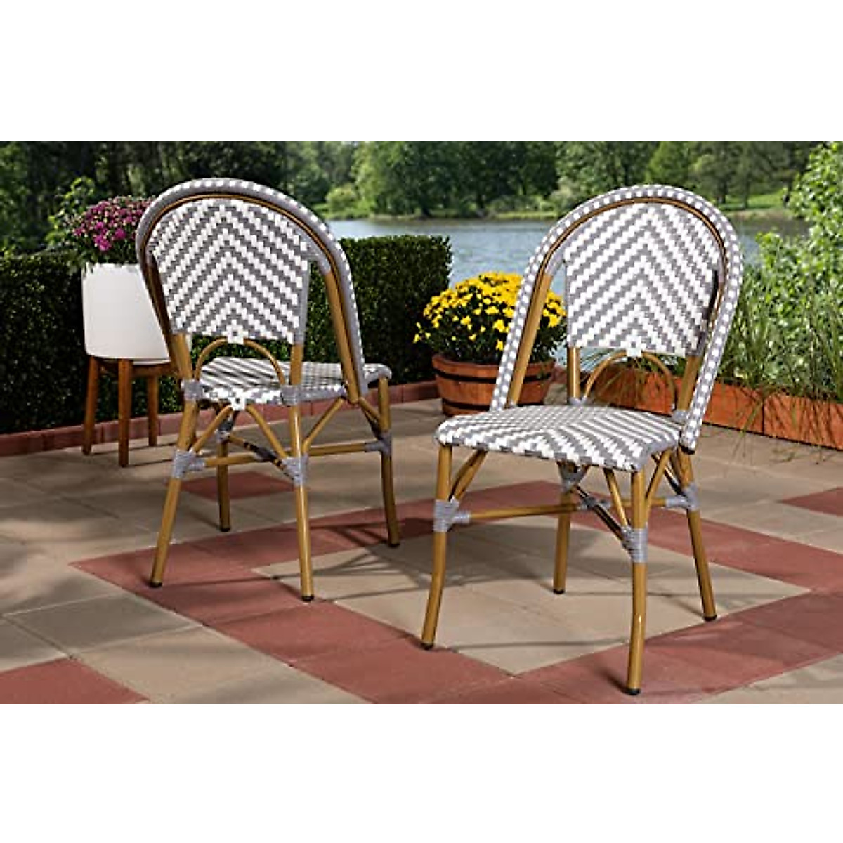 Baxton Studio Celie Classic French Indoor and Outdoor Grey and White Bamboo Style Stackable Bistro Dining Chair Set of 2