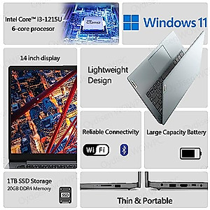 Lenovo 14" Business Laptop, Intel Core i3-1215U 6-core Processor, 20GB RAM, 1TB SSD Storage, 14" HD Anti-Glare Display, Wi-Fi 6 and Bluetooth, Fingerprint Reader, HDMI, Windows 11 Home in S Mode