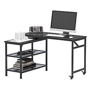 soges Reversible L Shaped Desk, 360° Free Rotating Corner Computer Desk, 47 inch L Desk with Storage Shelves for Home Office, Modern Study Writing Table Workstation, Black