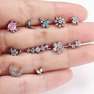 Sanfenly 11Pcs 16G Cartilage Earrings Studs Stainless Steel CZ Forward Helix Tragus Stud Earring Cute Butterfly Moon and Star Cartilage Daith Conch Ear Piercing Jewelry for Women