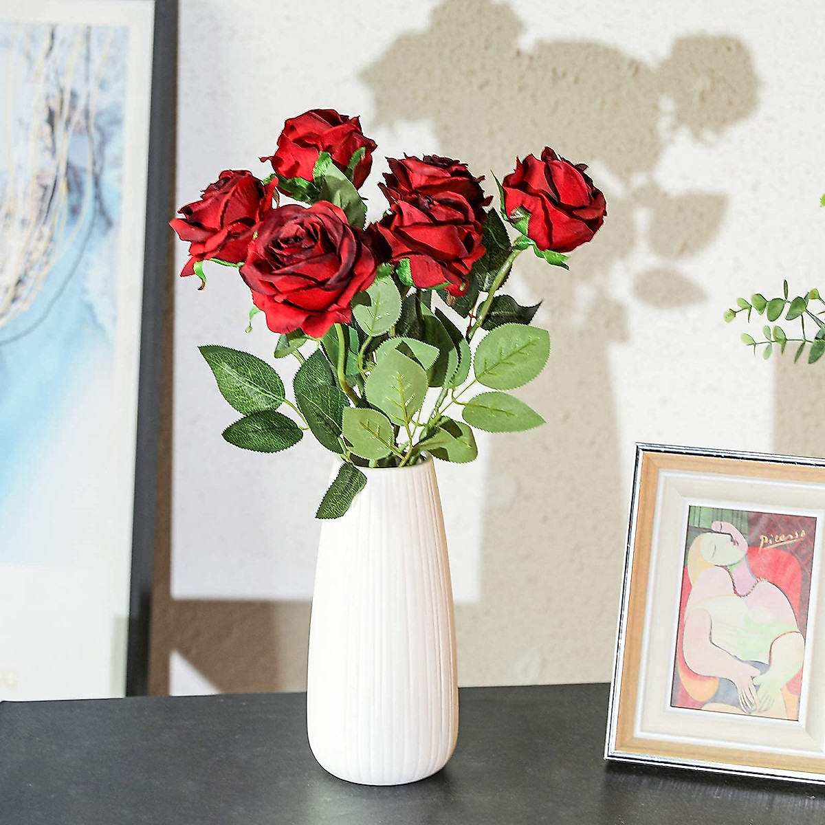 Veryhome Artificial Flowers Silk Roses Real Touch Bridal Wedding Bouquet for Home Garden Party Floral Decor 10 Pcs (Blooming Rose - Gradient Burgundy Red)