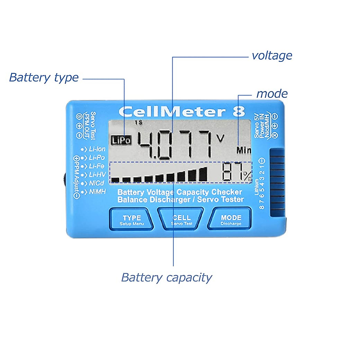 Treedix CellMeter 8 Battery Voltage Capacity Checker Voltage Balance Servo Tester LCD Backlight for LiPo Life Li-ion NiMH Nicd