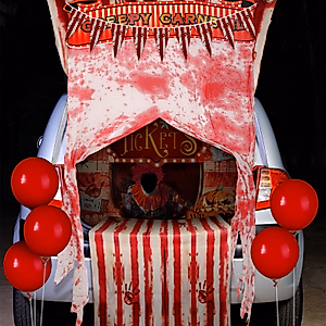 Preboun 9 Pcs Halloween Trunk or Treat Car Decorations Clown Backdrop Zombie Tablecover Tablecloth 5 Balloons Striped Pennant Banner Bloody Splatter Doorway Curtain Creepy Carnival Props for Garage