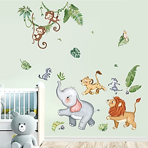 wondever Jungle Animals Wall Stickers Elephant Lion Monkey Safari Animal Peel and Stick Wall Art Decals for Kids Bedroom Baby Nursery