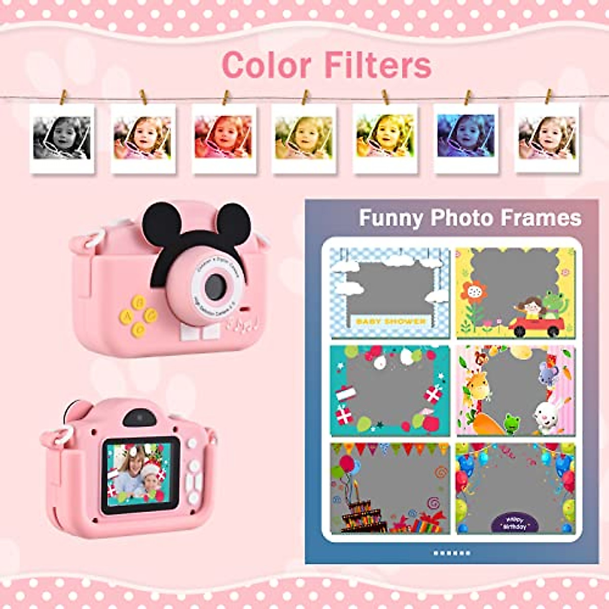 Wennzy Mini Cartoon Kids Digital Camera 1080P Digital Video Camera for Kids Dual Lens 2.0 Inch IPS Screen 4X Zoom Built-in Battery Cute Photo Frames Interesting Games with Neck Strap