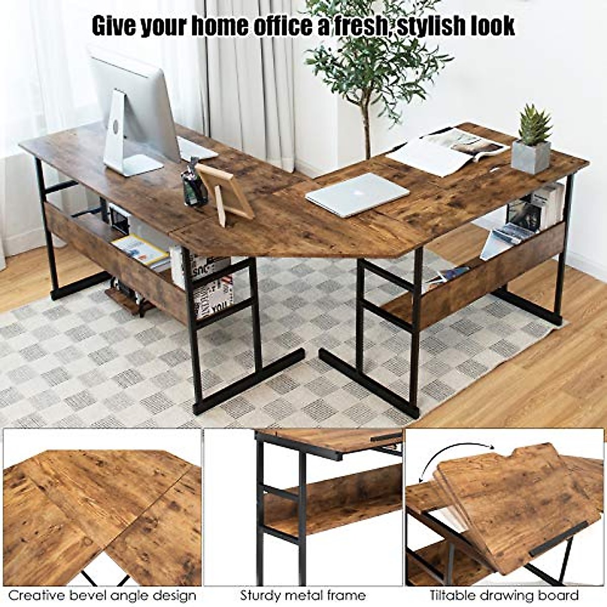 Tangkula 67 inches L-Shaped Desk, Corner Computer Desk with Bottom Bookshelves & CPU Stand, Drafting Drawing Table with Tiltable Desktop, Corner Computer Workstation Home Office Desk (Rustic Brown)