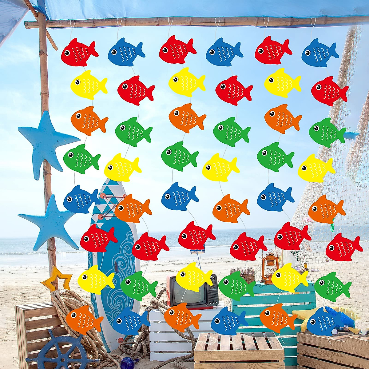 12 Packs Gone Fishing Party Banners Little Fisherman Garland Kit Fishing Themed Hanging Swirl The Big One Birthday Paper Cutouts for The First Birthday Party Home Classroom Favor Supplies Decoration