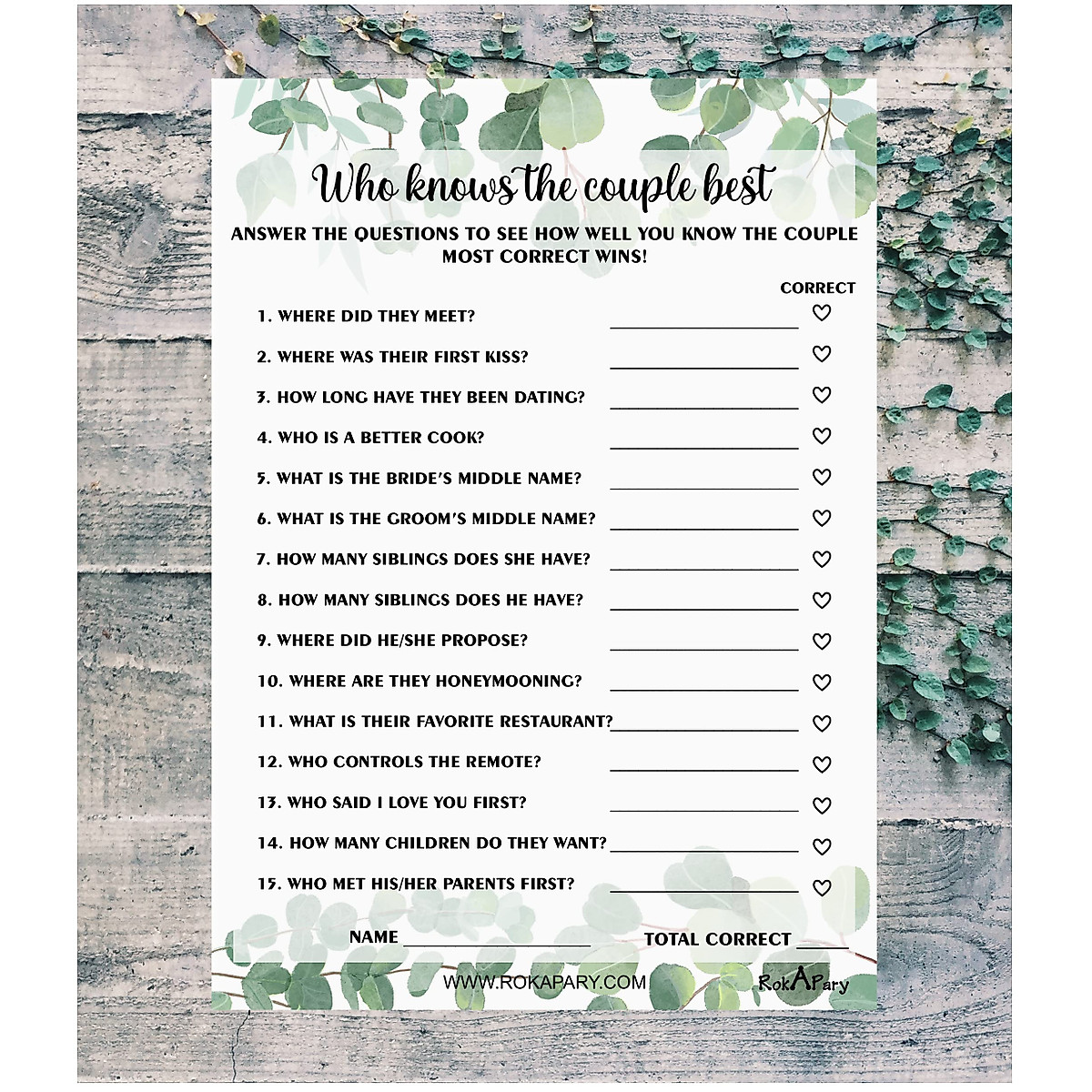 RokAPary Eucalyptus Who Knows The Couple Best, Wedding, Bridal Shower, Bachelorette or Engagement Party Game, Couples Guessing Play Pack of 50 Cards 5”x7” Made in USA