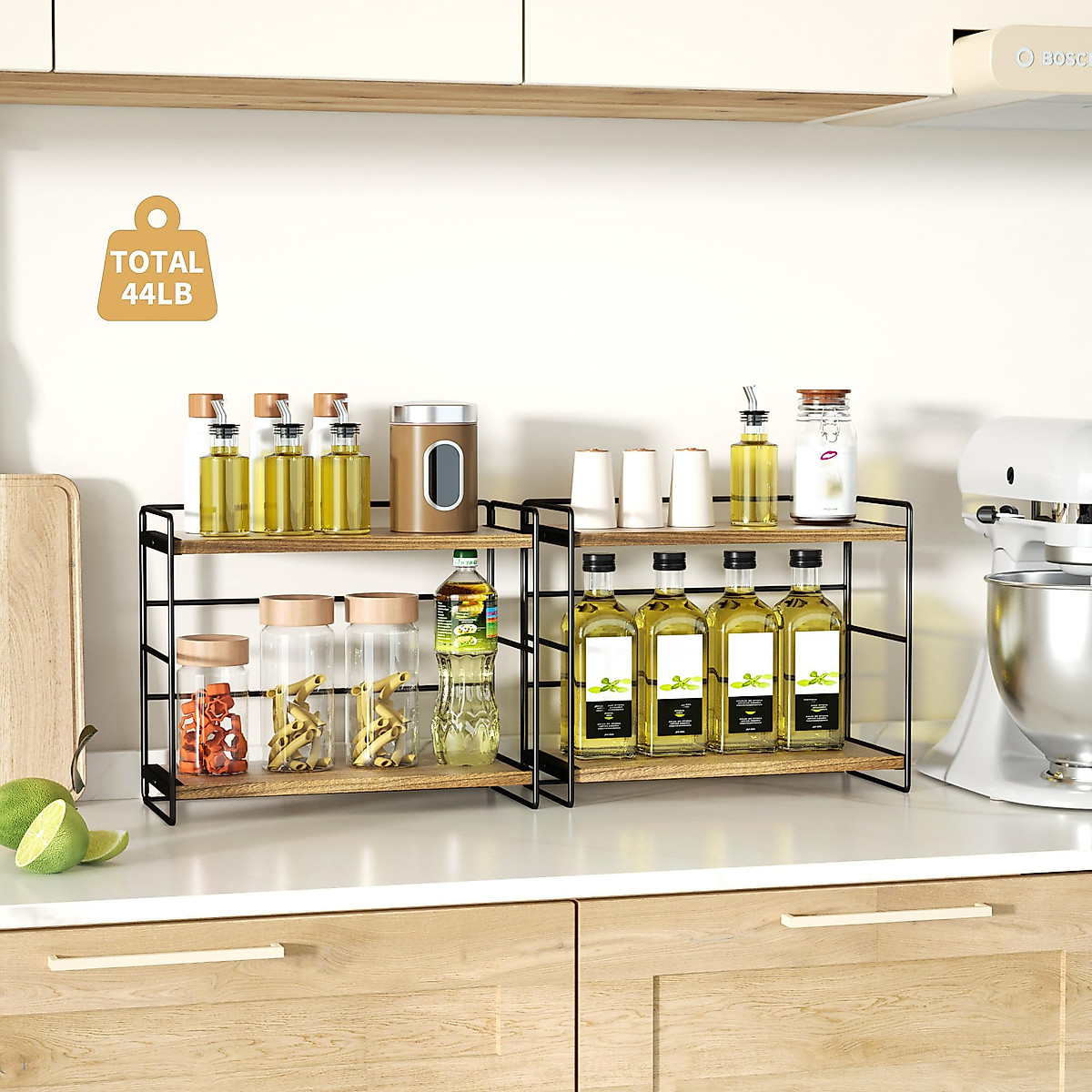 SRIWATANA Kitchen Countertop Organizer Set of 2, Bathroom Counter Shelf Spice Rack Sink Countertop Storage Desktop Large Wood Shelf - Carbonized Black