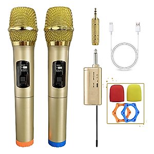 KUAILEGO Wireless Microphone, 200 ft Range, 1/4‘’＆1/8‘’Output, UHF Dual Cordless Metal Dynamic Mic System with Rechargeable Receiver, for Karaoke, Wedding, DJ, Party, Speech, Church