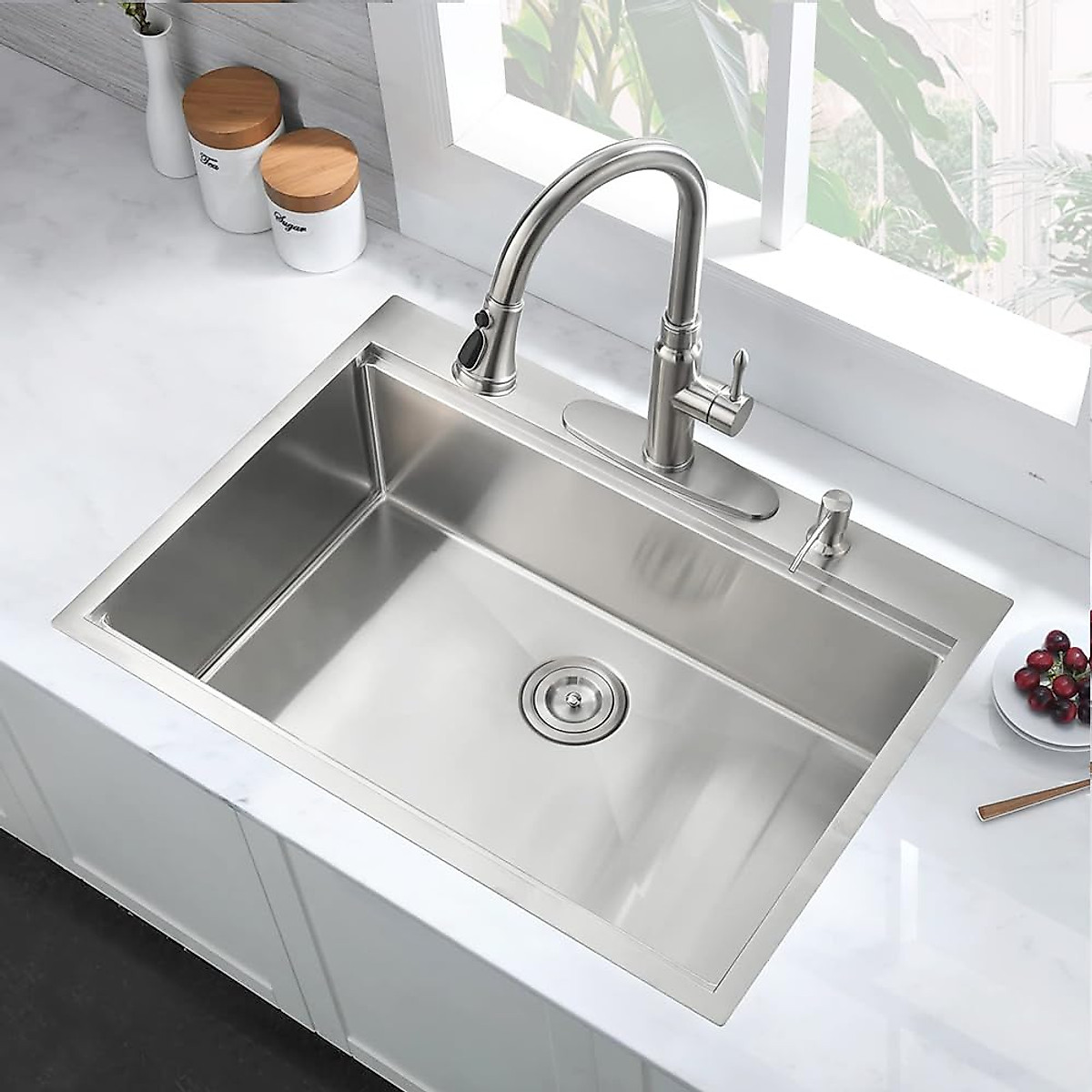 BoomHoze 33-inch Kitchen Sinks, 33x22 Drop In Kitchen Sink 304 Stainless Steel Sink Single Bowl Top Mount Workstation Kitchen Sink 16 Gauge Handmade Deep Kitchen Sink with Cutting Board