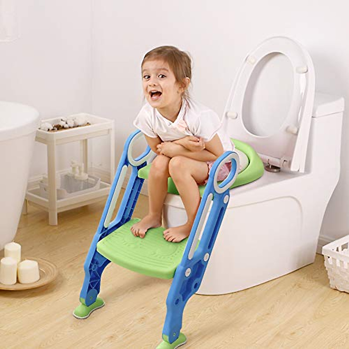 Potty Training Seat with Step Stool Ladder Baby Toddler Toilet Training Seat Chair with Soft Cushion for Kids Height Adjustable Safe Potty Seat for Girls Boys (Green)