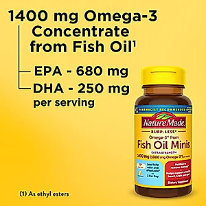 Nature Made Extra Strength Burp Less Omega 3 Fish Oil 1400 mg Minis, Fish Oil Supplements as Ethyl Esters for Healthy Heart, Brain and Eyes Support, Omega 3 Supplement, 60 Softgels, 30 Day Supply