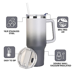 SYACOT 40 oz Tumbler with Handle and Straw Stainless Steel Insulated Tumbler Leak Proof Lid and Straw Lid Reusable Travel Mug Coffee Mug Cup Dishwasher Safe Keep Drinks Cold and Hot (Grey&Black)