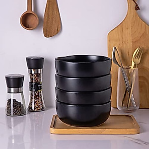 AmorArc Stoneware Cereal Bowls for Kitchen, 28oz Large Ceramic Soup Bowls Set of 4 for Meal, Chip-Resistant Kitchen Bowls with Wavy Rim, Reactive Glaze-Matte Black