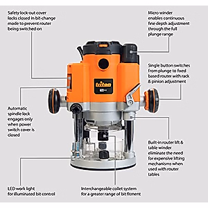 TRITON TRA002KIT 3-1/4 HP, 15 Amp Dual Mode Precision Plunge Router with Built-In Router Lift and Accessories, Orange