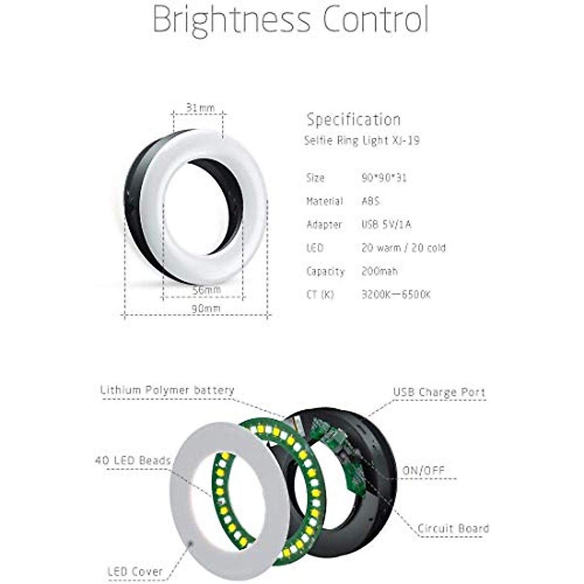 XINBAOHONG Selfie Ring Light Rechargeable Portable Clip-on Selfie Fill Light with 40 LED for Smart Phone Photography, Camera Video, Girl Makes up