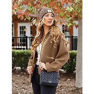 PRETTYGARDEN Women 2024 Fall Winter Fleece Jacket Long Sleeve Casual Button Fuzzy Sherpa Cropped Coats Outerwear with Pockets(Camel,Small)