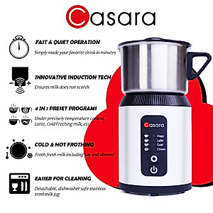Casara Milk Frother and Steamer Machine, Warm and Cold Milk Foamer,Professional Frothing Standard,4-in-1 Functions,Dishwasher Safe,27oz Detachable Foam Maker for Latte,Cappuccinos,Hot Chocolate