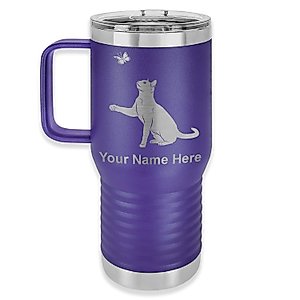 LaserGram 20oz Vacuum Insulated Travel Mug with Handle, Cat with Butterfly, Personalized Engraving Included (Dark Purple)