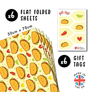 CENTRAL 23 Yellow Wrapping Paper - 6 Sheets of Birthday Gift Wrap - Cute Taco - Mexican Food Themed - For Women Girls Teenagers - Recyclable