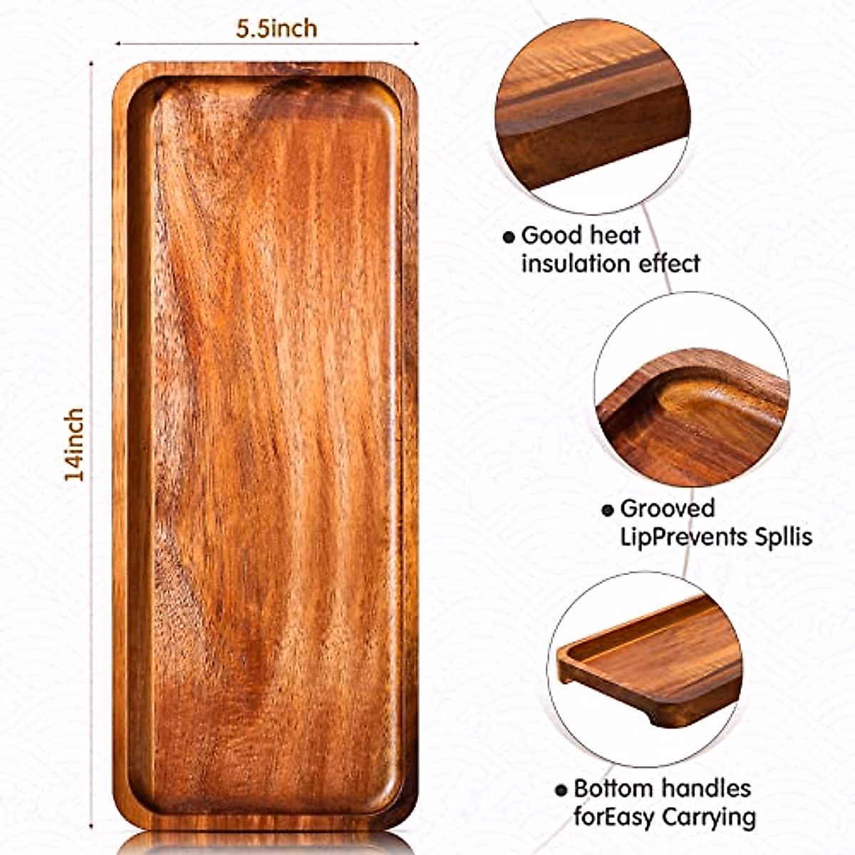5 Pack Solid Acacia Wood Serving Trays, 14 x 5.5 Inches Rectangular Wooden Serving Board for Food Appetizer Serving Tray Plates for Vegetables Fruit Charcuterie Cheese Platters Home Kitchen Decor