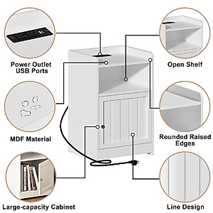 ChooChoo Nightstand with Charging Station, Night Stand with Cabinet and Open Storage, 2 AC and USB Power Outlets, Bed Side Table for Bedroom, White