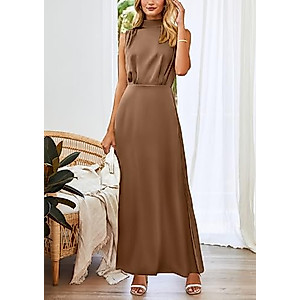 PRETTYGARDEN Women's Long Formal Satin Dress Mock Neck Sleeveless Side Slit Flowy Maxi Tank Dresses (Brown,Medium)