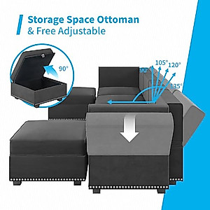 Mjkone Modular Sectional Sofa with Adjustable Armrest and Backrest for Living Room，U Shaped Couch 6 Seater Convertible Sectional Couch with Storage Ottoman -Dark Grey