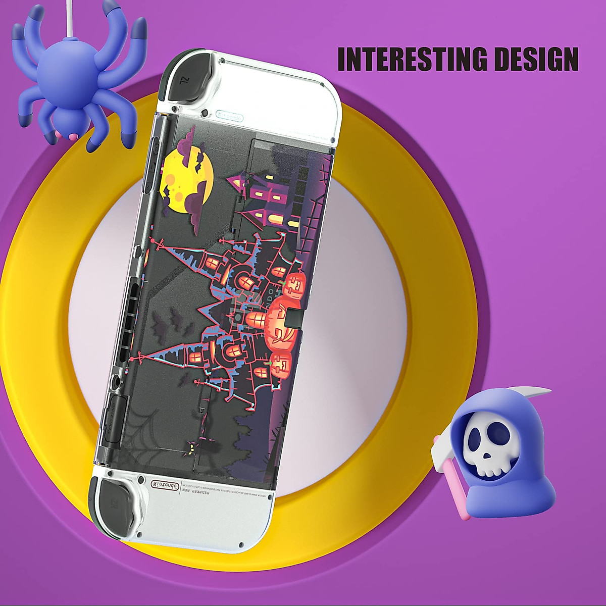 Halloween Decoration Switch OLED Case, Switch OLED Protective Case with TPU Joycon Covers and Glass Screen Protector and Thumb Grip Caps