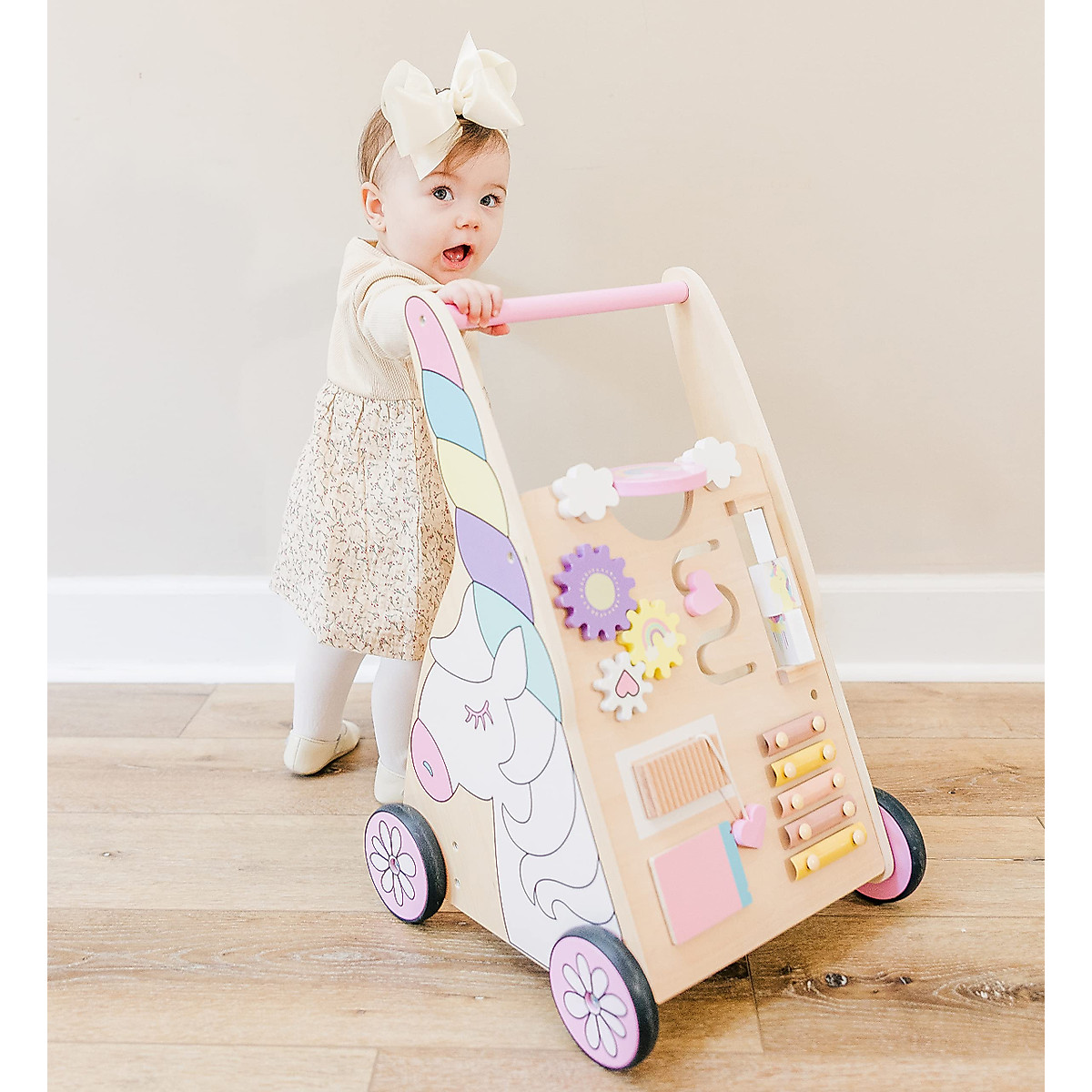 Hopscotch Squad Sit-to-Stand Learning Walker Unicorn Themed Interactive Wooden Push & Pull Baby Walker with Multiple Activities to Develop Motor Skills