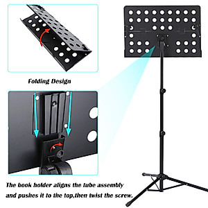 Klvied Sheet Music Stand with Violin Hanger, Folding Music Stand, Portable Fortable Music stand for Sheet Music, Violin Music Stand with Travel Case, Light, Black